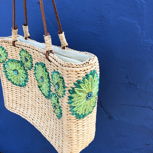 Bags | Retro 7s Straw Bag Leather Handles Floral | Poshmark